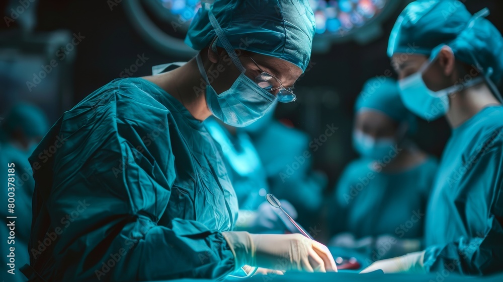 Surgeon performing a delicate procedure in an operating room, with a ...