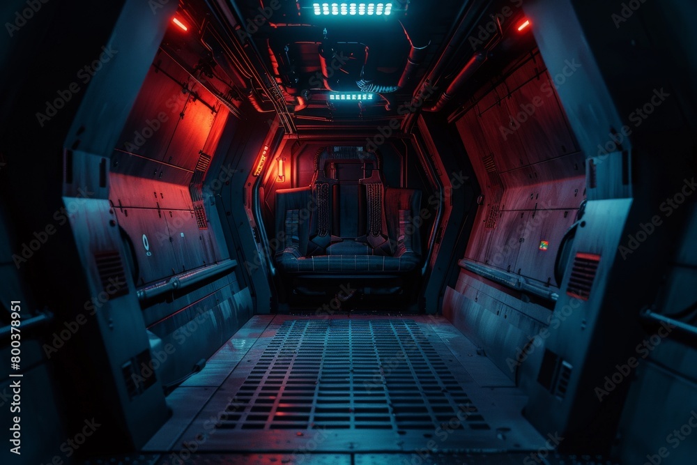 A dark and cramped spaceship escape pod with a single emergency seat ...