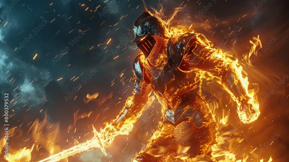 Epic tableau of a warrior in glowing flame armor, wielding a sword as ...