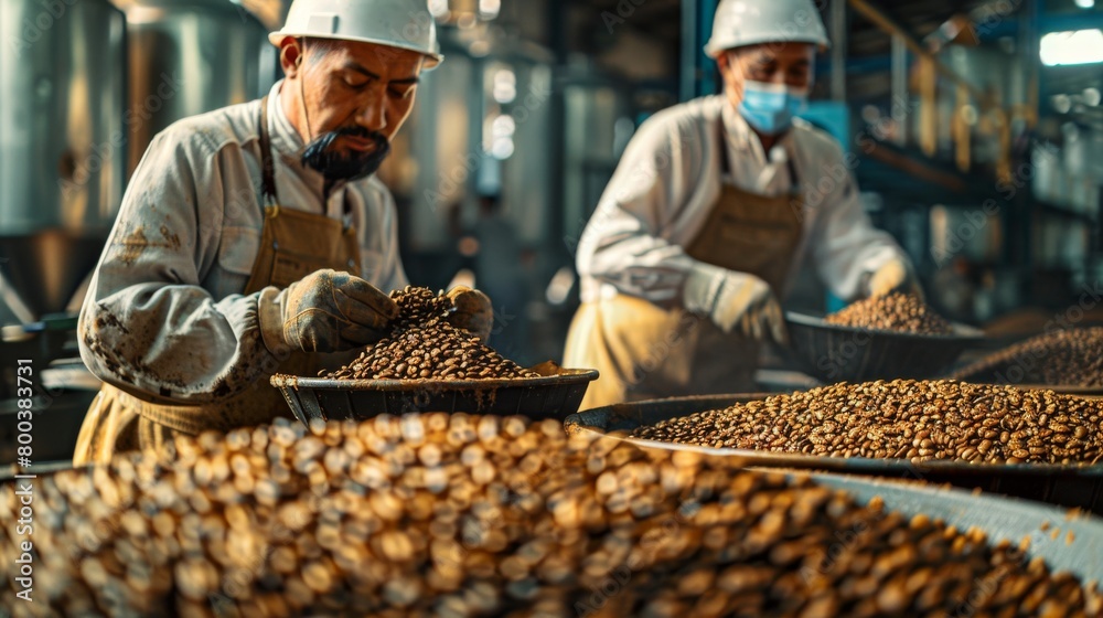 Workers sorting and grading dried coffee beans in a factory to meet ...