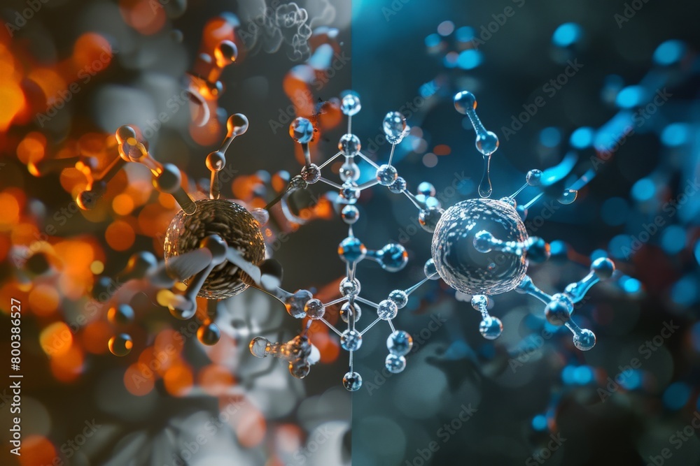 A split image one side depicts a molecule before a chemical reaction ...