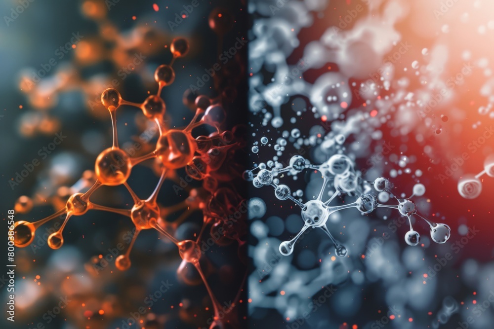 A split image one side depicts a molecule before a chemical reaction ...