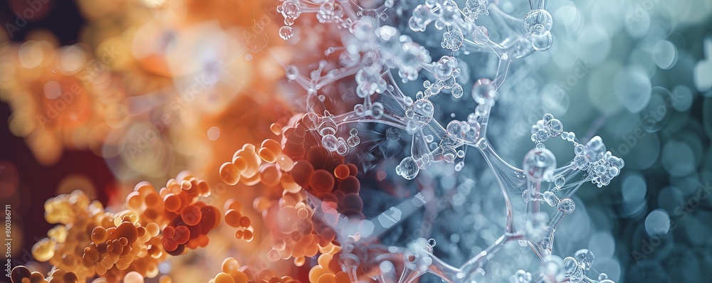 A split image one side shows a microscopic view of molecules forming a ...