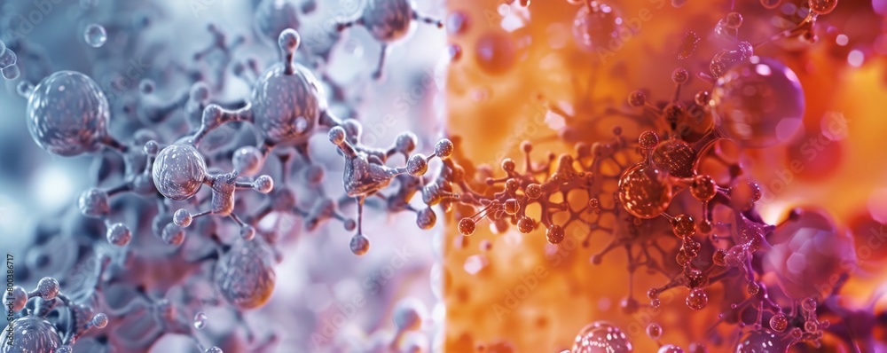 A split image one side shows a microscopic view of molecules forming a ...