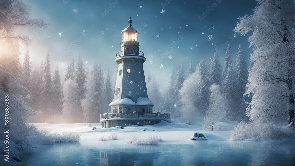 lighthouse in the snow A fantasy lighthouse in a snowy forest, next to ...