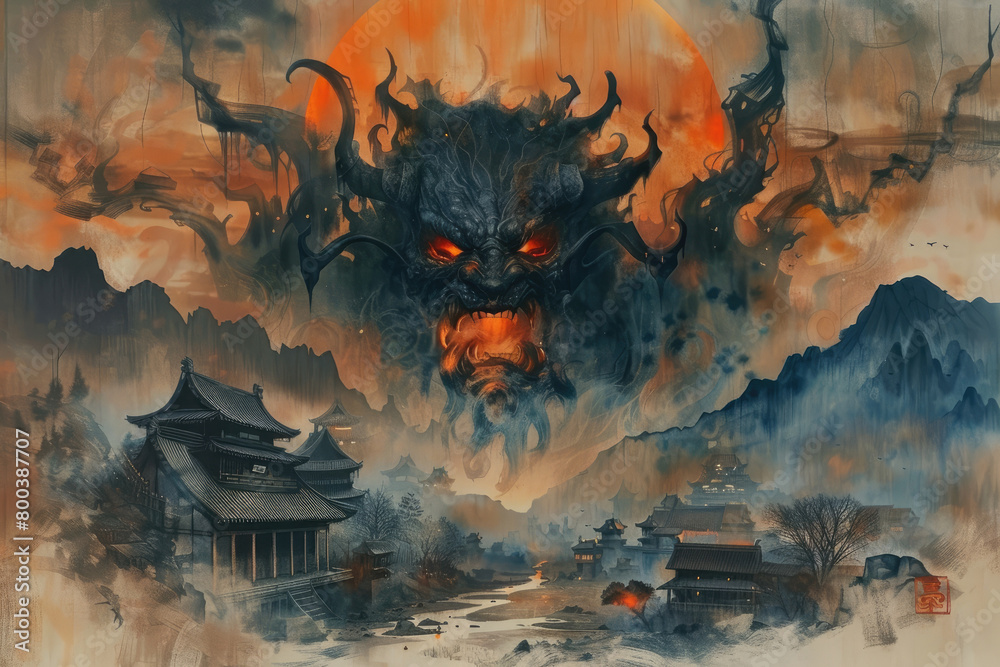 Menacing Oni demon towering over a devastated Japanese village ...