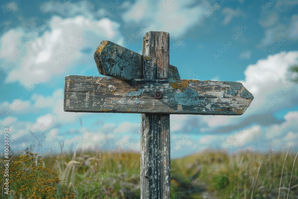 A weathered wooden signpost at a crossroads, with arrows pointing in ...