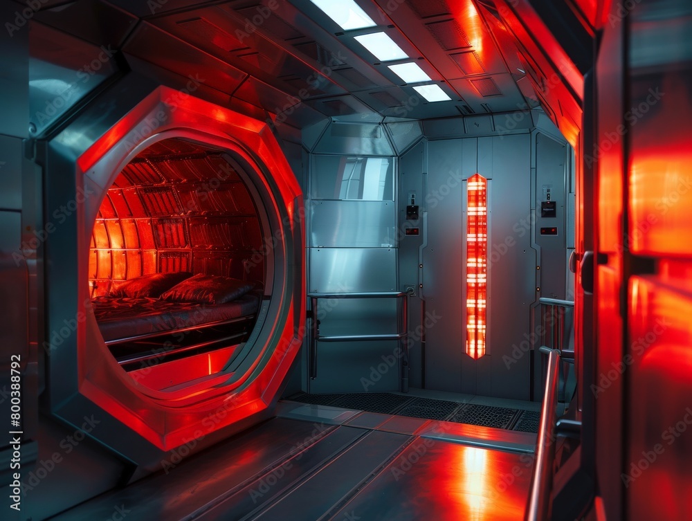 A brightly lit cryogenic chamber containing a single pod with a glowing ...