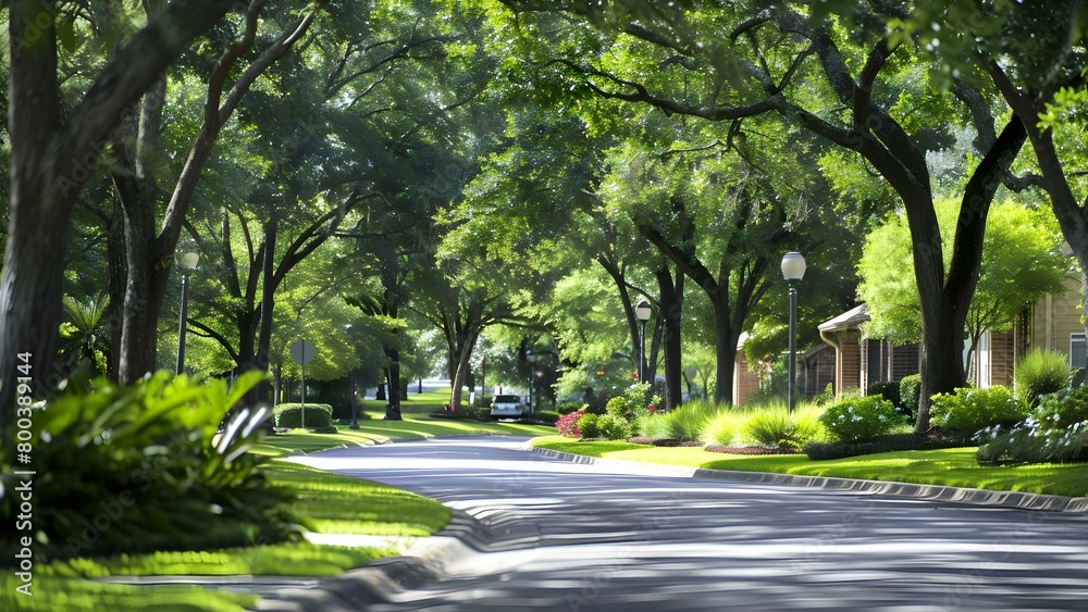 Side view of suburban street in Katy Texas with lush greenery. Concept ...