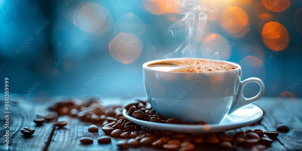 Hot steaming coffee cup background design. Horizontal banner of coffee ...