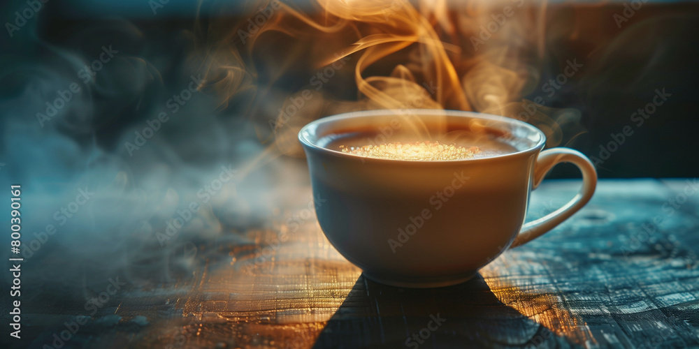 Hot steaming coffee cup background design. Horizontal banner of coffee ...
