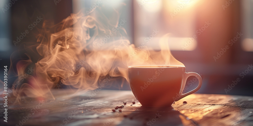 Hot steaming coffee cup background design. Horizontal banner of coffee ...
