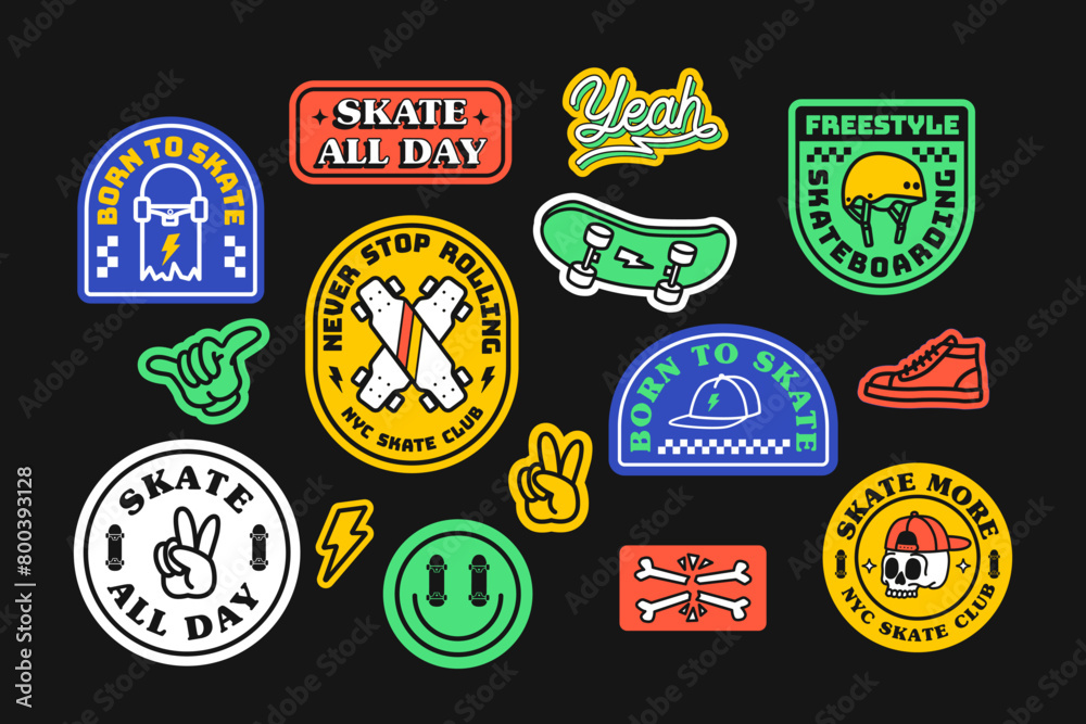 Set of vector skateboard badges, including lightning, peace hand sign ...