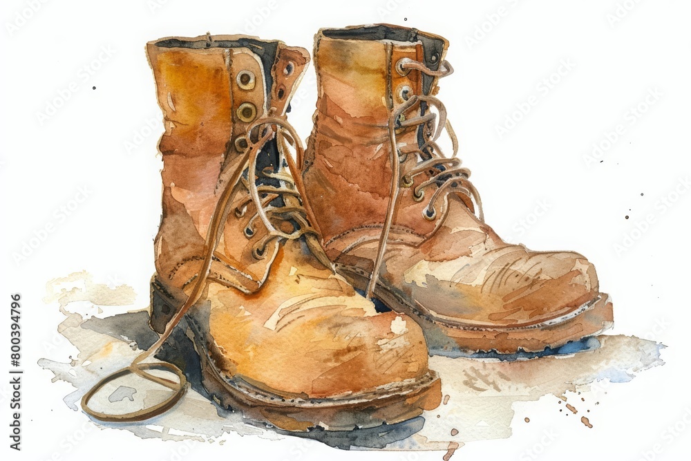 A watercolor painting of a pair of old, worn-out brown leather boots ...
