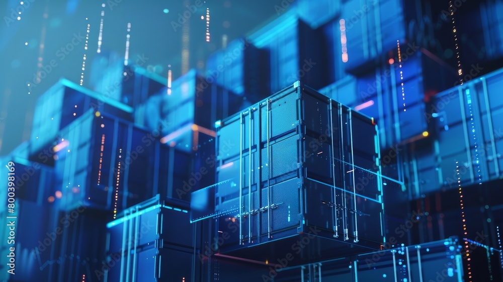 A stack of blue container boxes is depicted alongside a digital graph ...