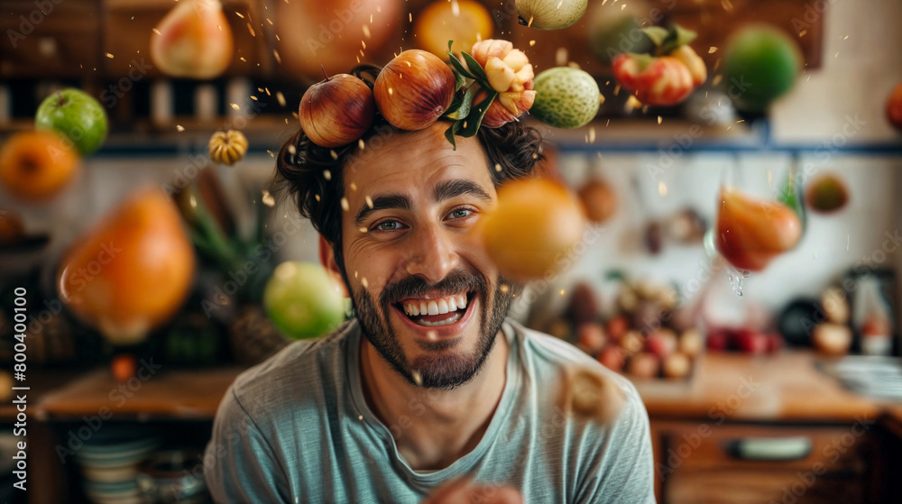 Enjoyable cooking is taking place as a young, smiling man prepares food ...
