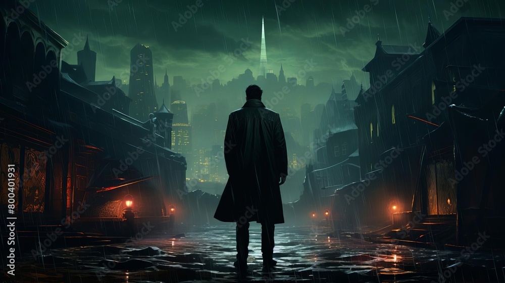 Capture the rear view of a brooding Dystopian detective as they ...