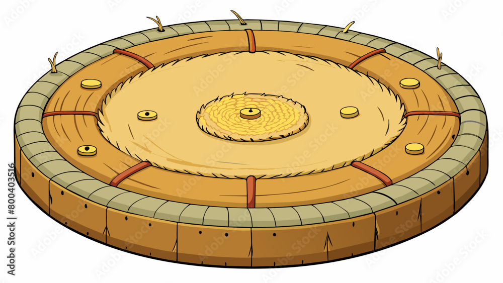 A circular board made of sisal fibers with metal wires forming sections ...