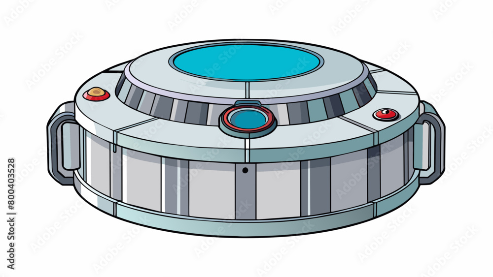 A circular metallic device with a flat top and a thick sy base. The top ...