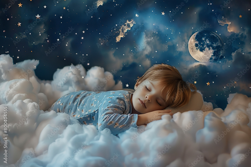 Little boy sleeping on clouds in bed, night sky with moon and stars ...