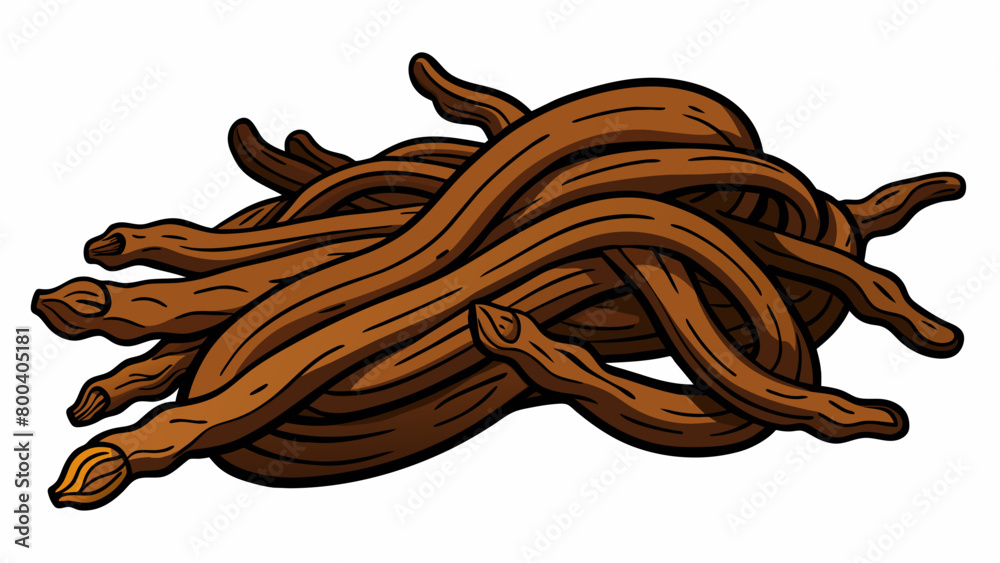 A of dried Licorice roots gnarled and knotted like a tangled web of ...
