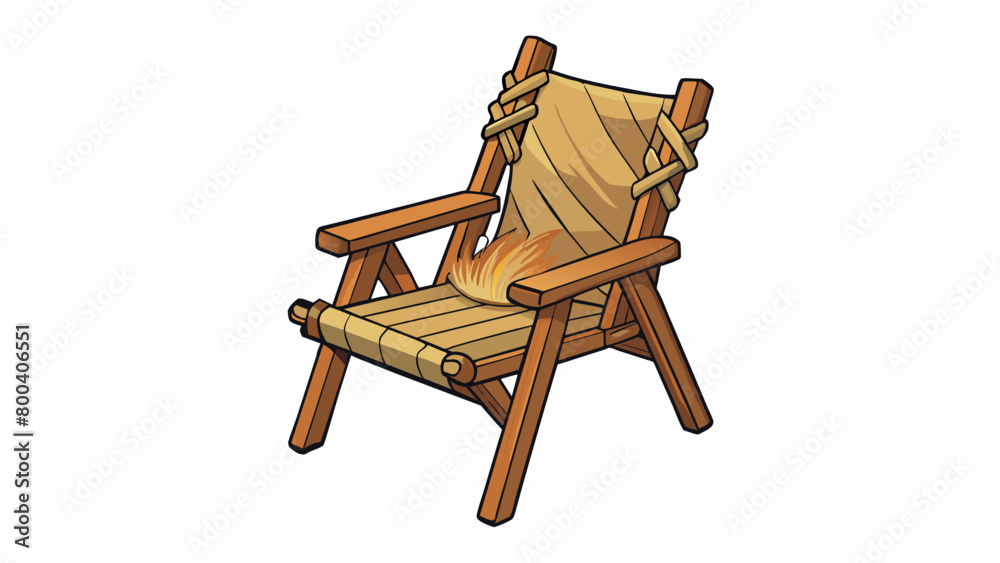 A traditional campfire chair made of wooden poles and woven ropes. It ...