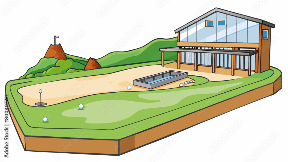 Nestled between rolling hills a driving range occupies a flat patch of ...