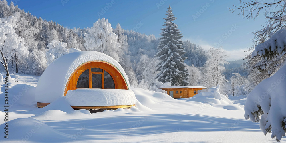 Glamping in snow capsules. The capsule, built into a snowy landscape ...