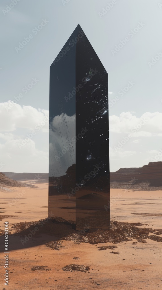 Monolithic black obelisk on a barren desert landscape Stock ...