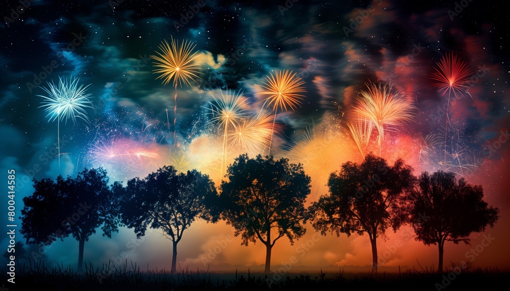 Vibrant fireworks light up the night sky above silhouetted trees in a ...