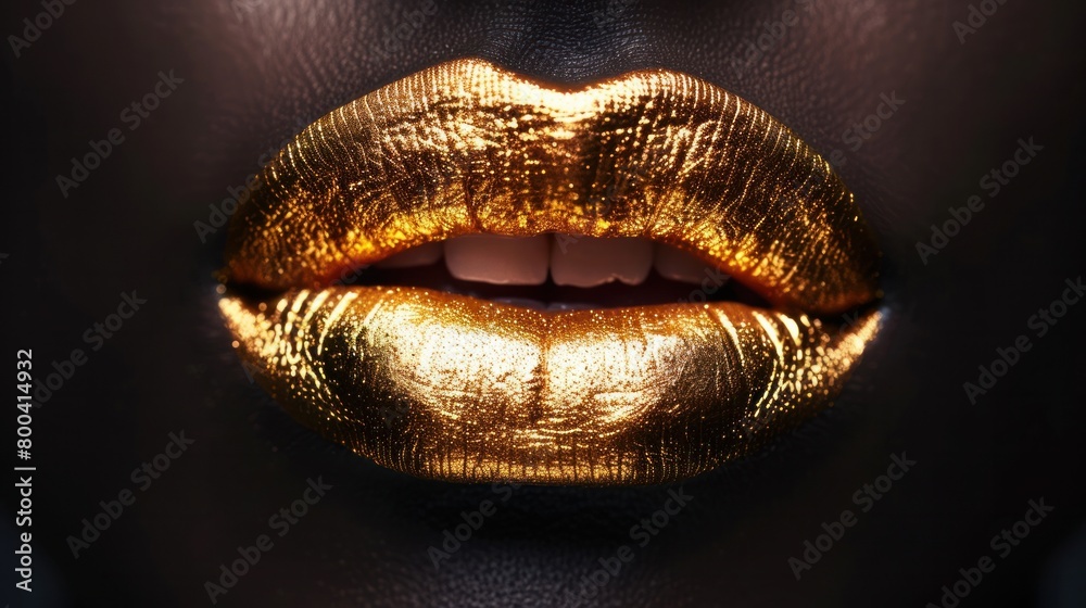Close-up of a golden lipstick, featuring metallic gold lips. Exemplary ...