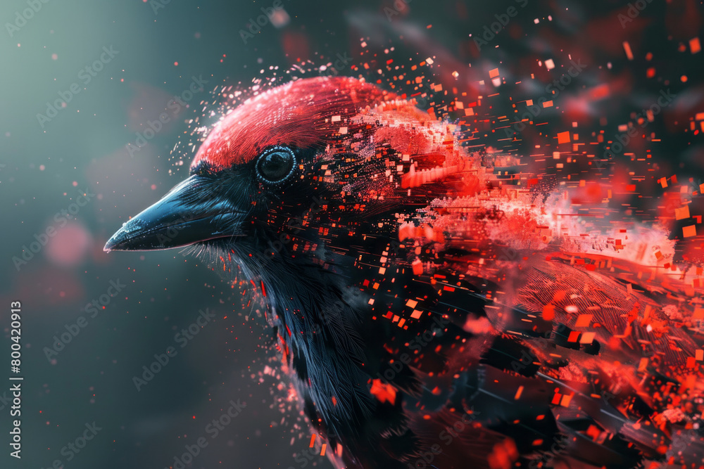 A digital rendering of a bird morphing from digital pixels, symbolizing ...