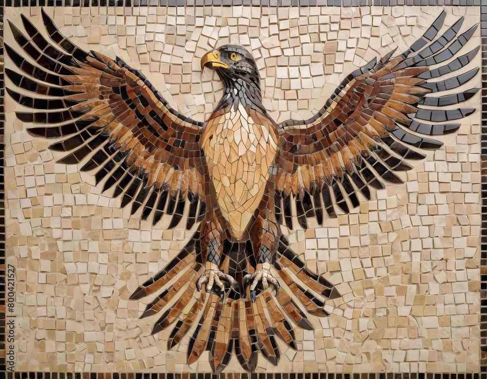 An eagle is in a mosaic, with a tan and brown color scheme. The eagle ...