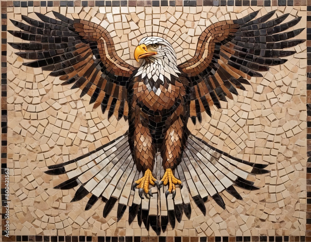 An eagle is in a mosaic, with a tan and brown color scheme. The eagle ...