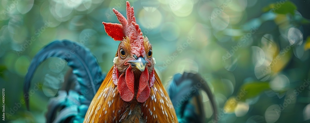 Tough rooster chicken with sharp talons standing up and spreading his ...