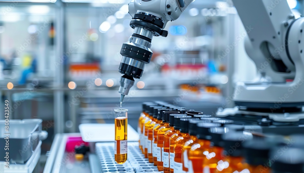 A robotic arm mixing and testing chemical compounds in a pharmaceutical ...
