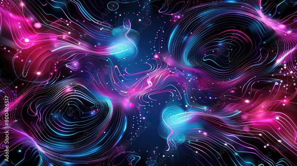 Abstract digital technology background with pulsating neon hues and swirling patterns Stock ...