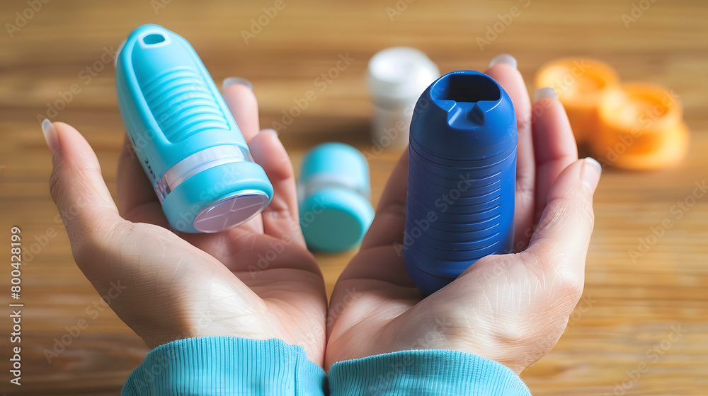 Patient's hands holding blue asthma inhaler with set of asthma/COPD ...