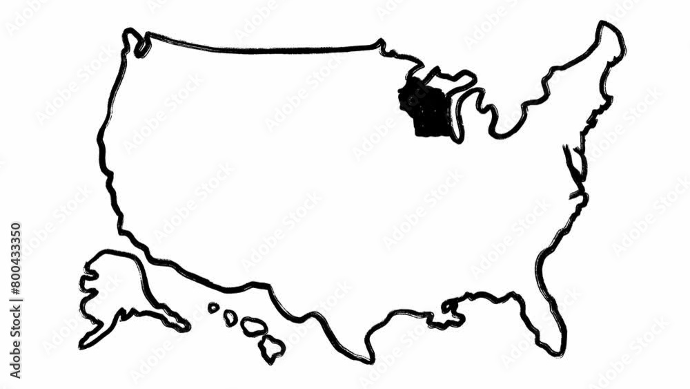 Isolated map of Wisconsin on the USA territory in set of hand written ...