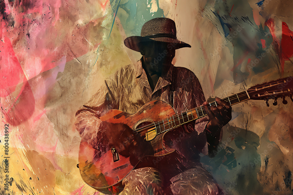 Afro-American male blues jazz guitarist musician playing an acoustic ...