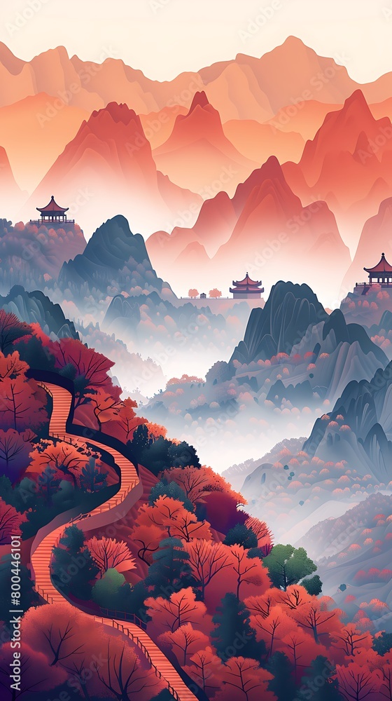 Simplified Chinese Landscape: Low-Poly Mountains, Cliff Dwellings ...