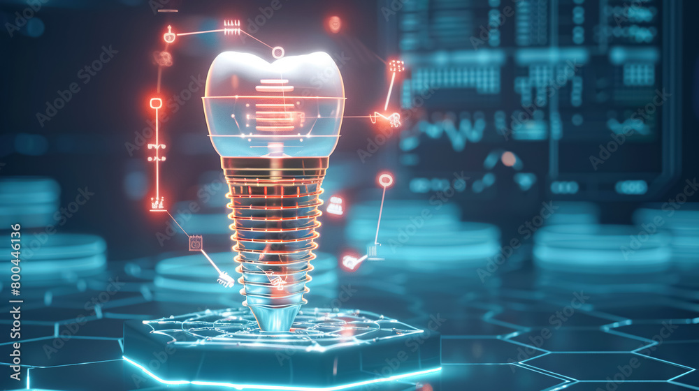Dental implant technology concept. High tech 3D rendering of a dental ...