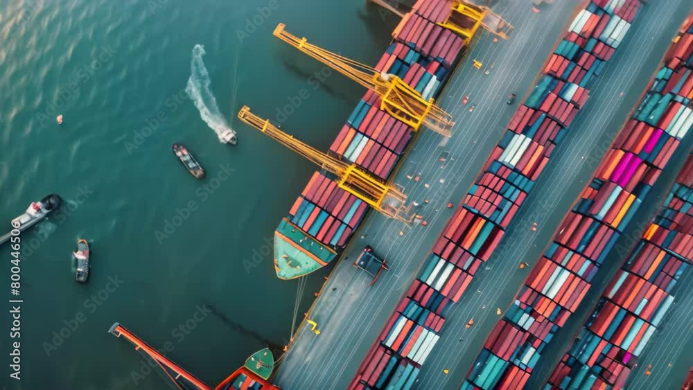 This aerial photo captures a busy harbor with rows of shipping ...