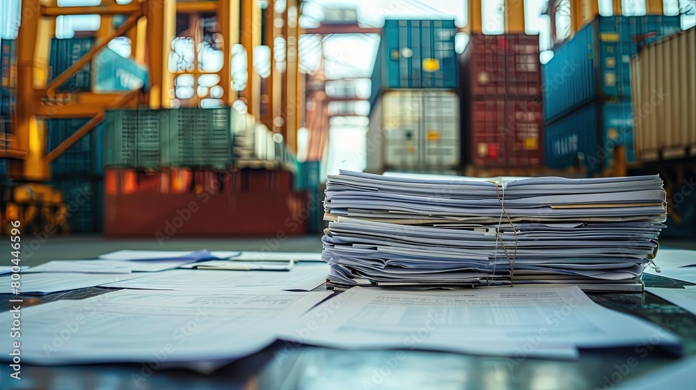 Pile of Shipping Documents at Port Description: Stack of trade documents with shipping ...