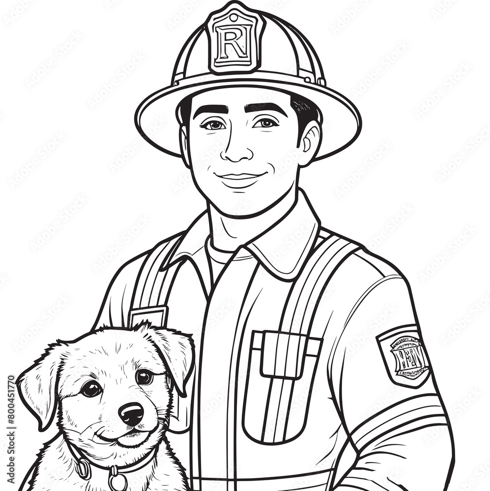 Colouring page. Cute cartoon handsome fireman with a rescued puppy ...