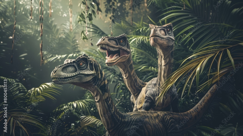 AI-generated majestic dinosaurs in a prehistoric landscape. Raptor ...