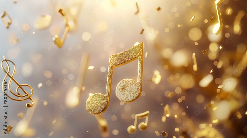 Sparkling golden music notes floating in a warm, soft-focus, bokeh ...