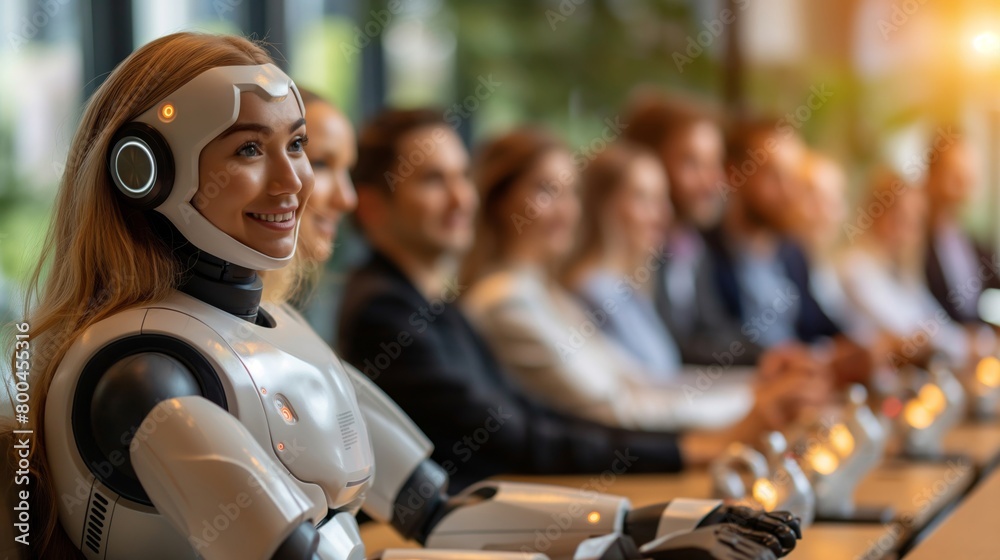 Robot sits amidst humans at a conference table, showcasing a harmonious ...