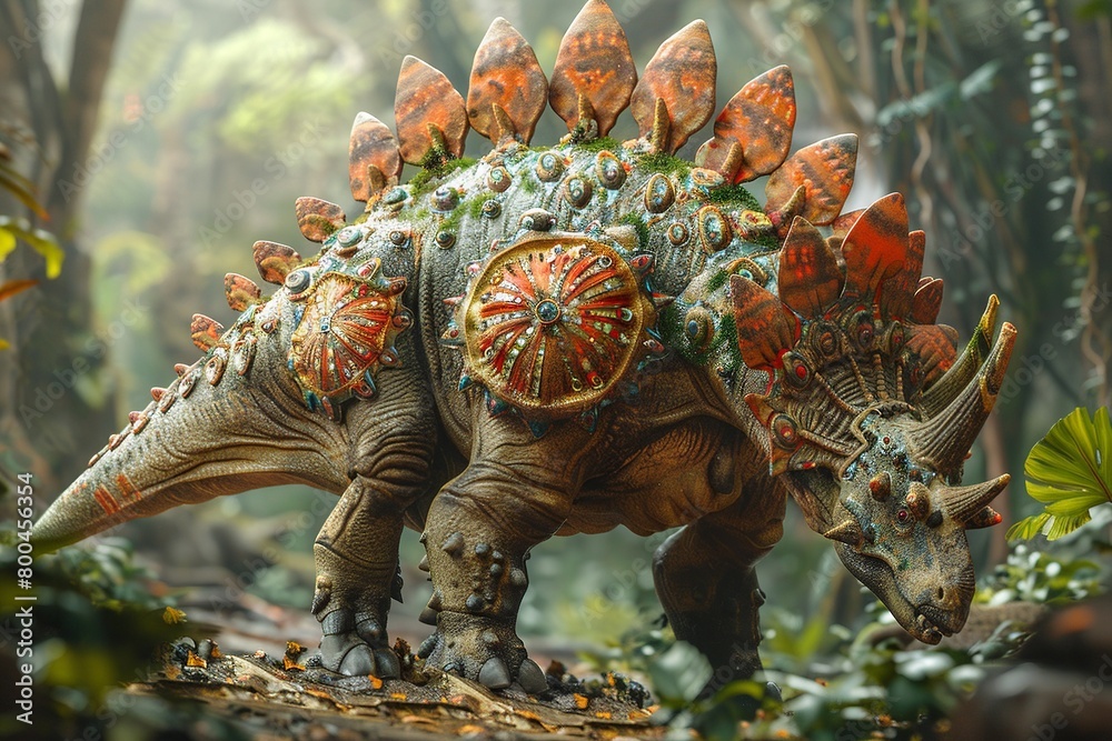 Behold the splendor of a Stegosaurus adorned in battle-ready armor ...