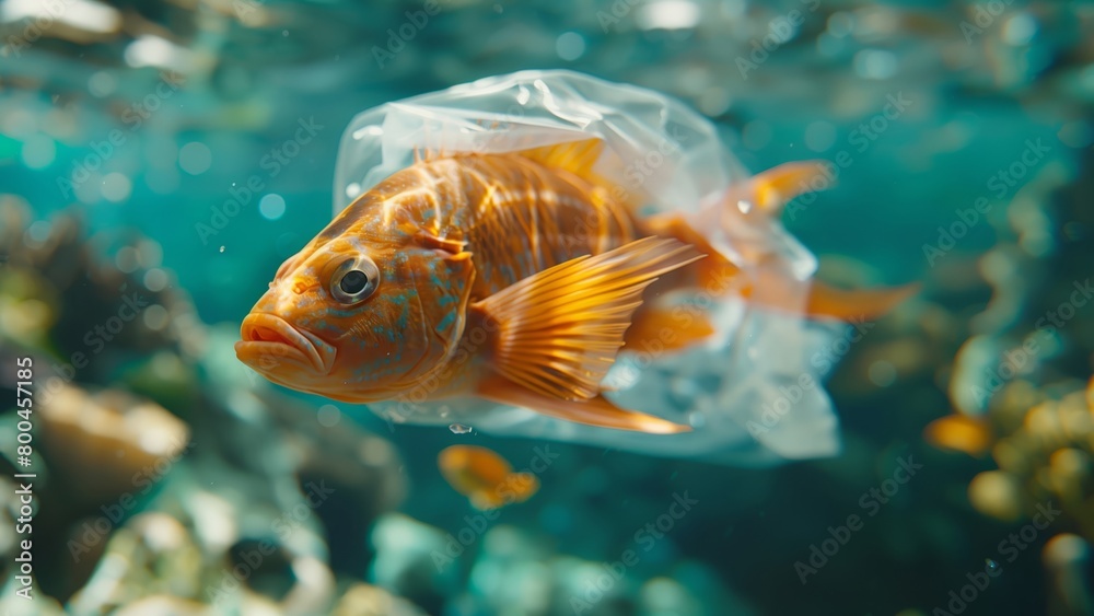 Fish on plastic bag. Water pollution concept, ecological problems ...